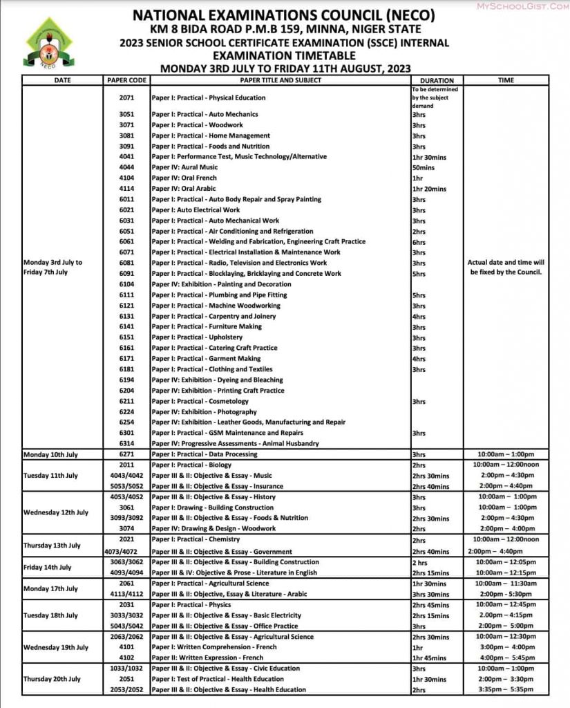 NECO Timetable 2025/2026 Is Out!